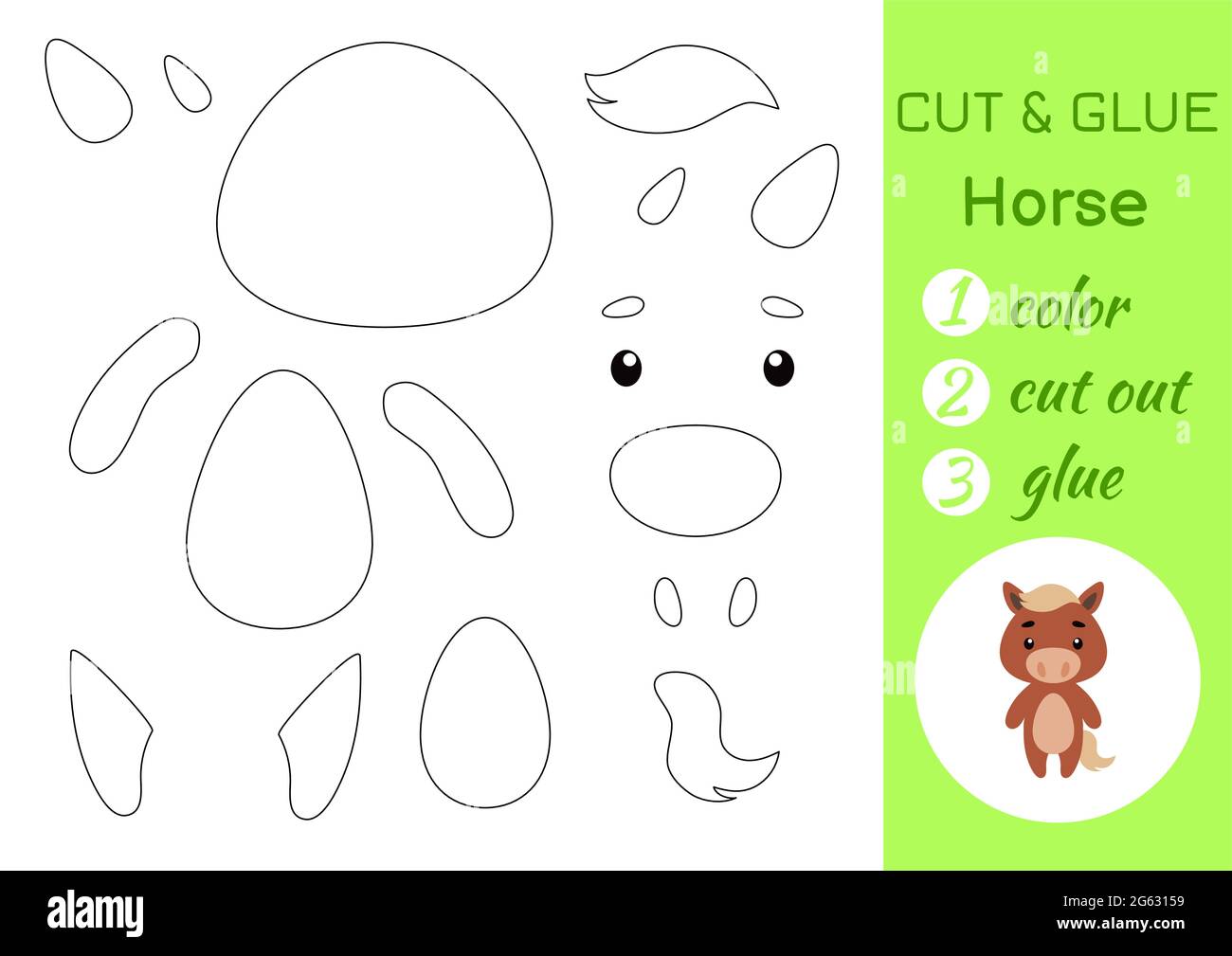 Color, cut and glue paper little horse. Cut and paste crafts activity ...