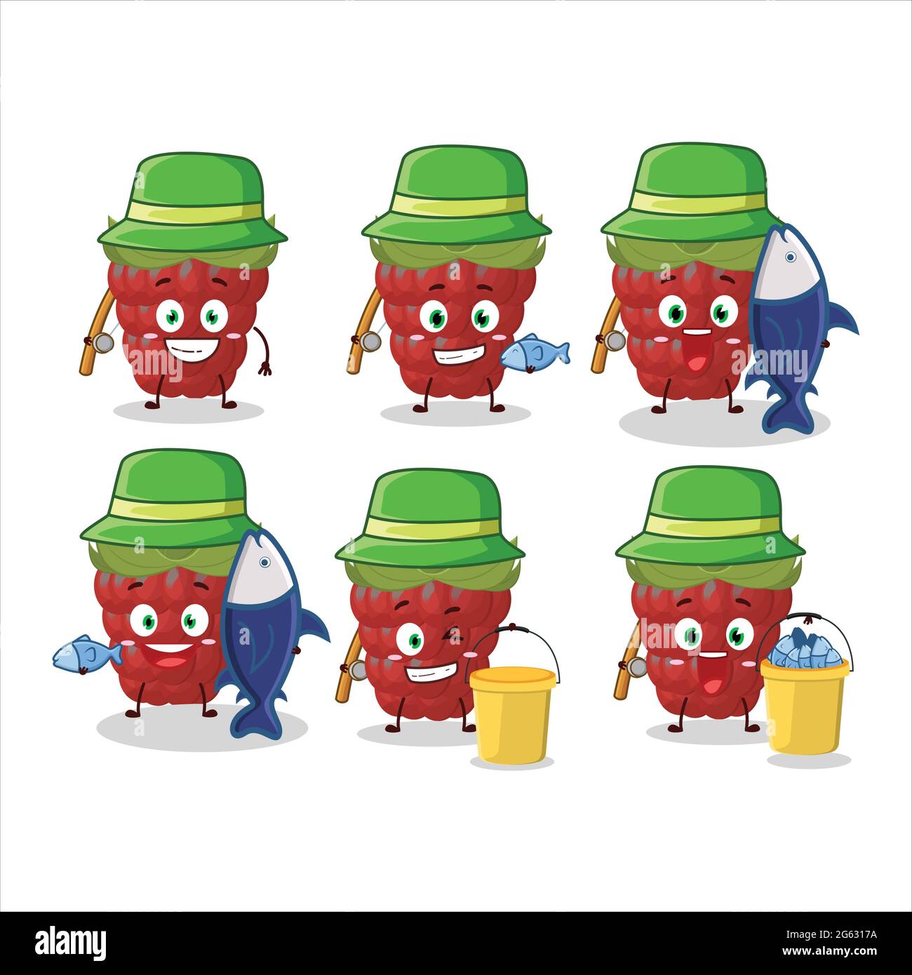 A fisherman raspberry cartoon picture catch a big fish. Vector ...