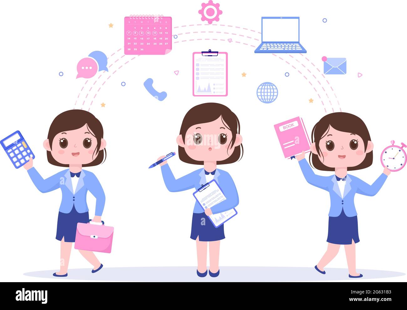 Multitasking Business Woman Or Office Worker as Secretary Surrounded By ...