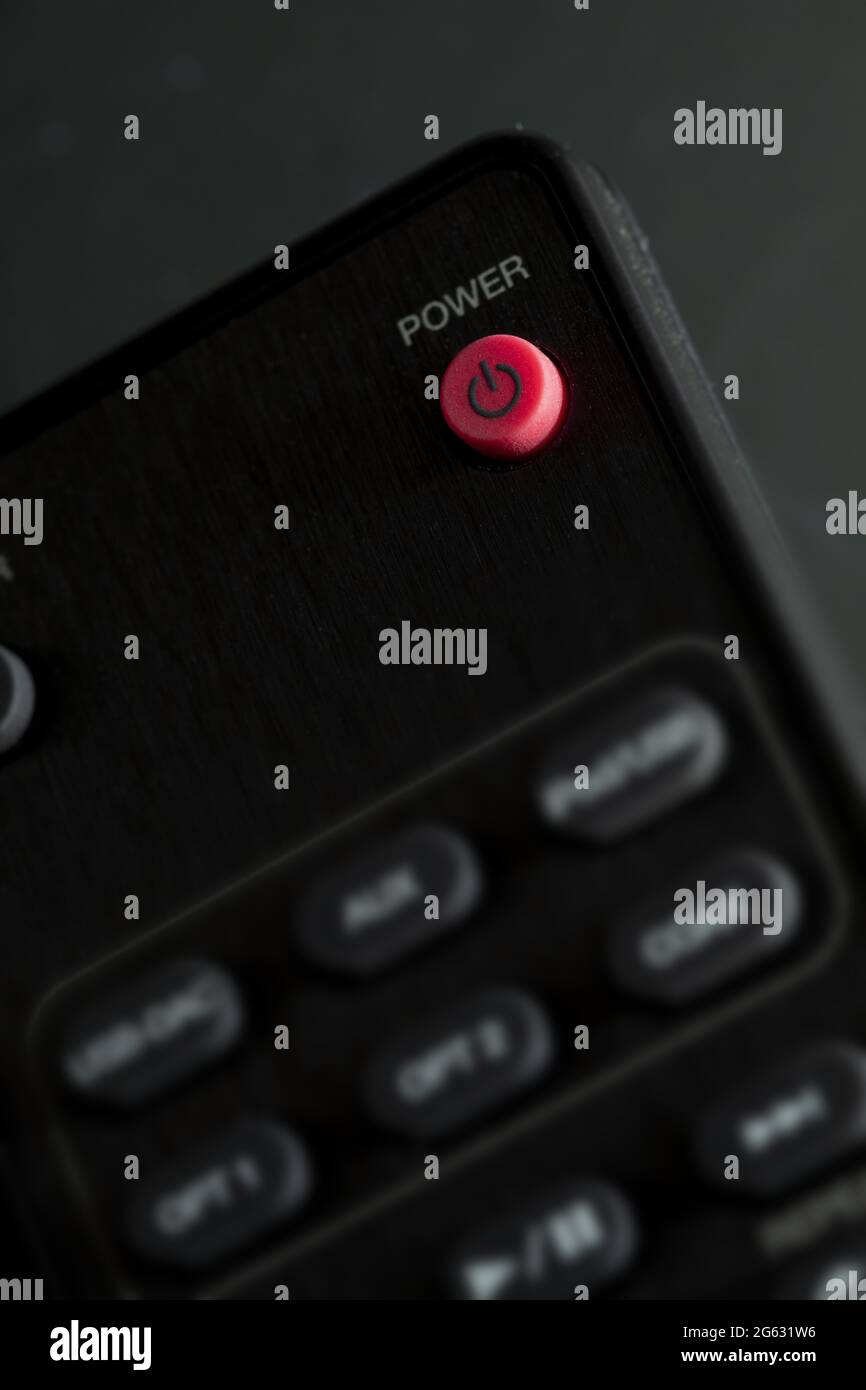 Close-up of Power button (on - off) on remote control for TV and audio ...