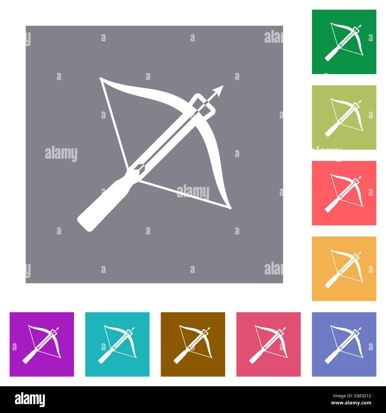 Crossbow with arrow flat icons on simple color square backgrounds Stock ...