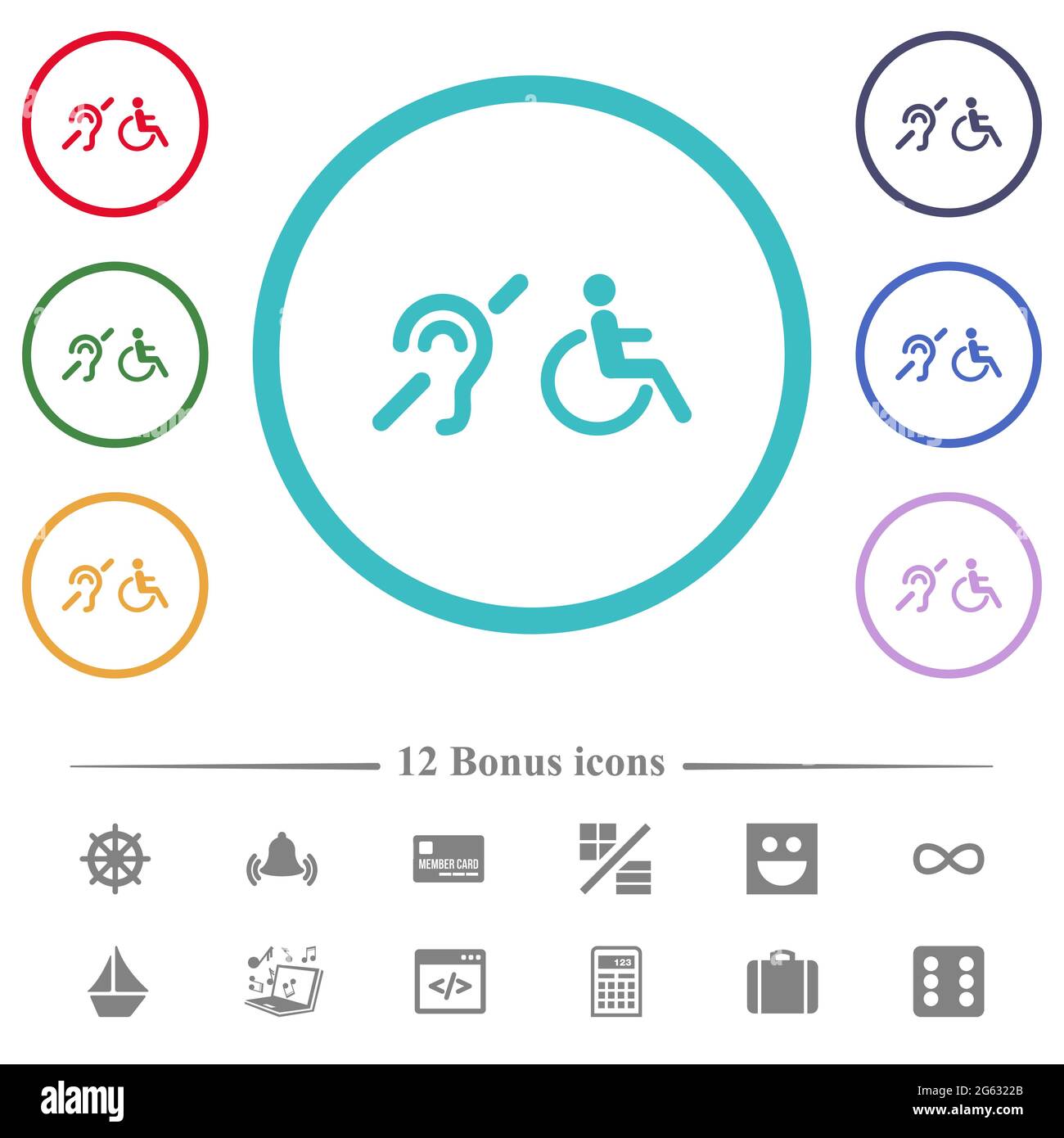 hearing impaired and wheelchair symbols flat color icons in circle ...