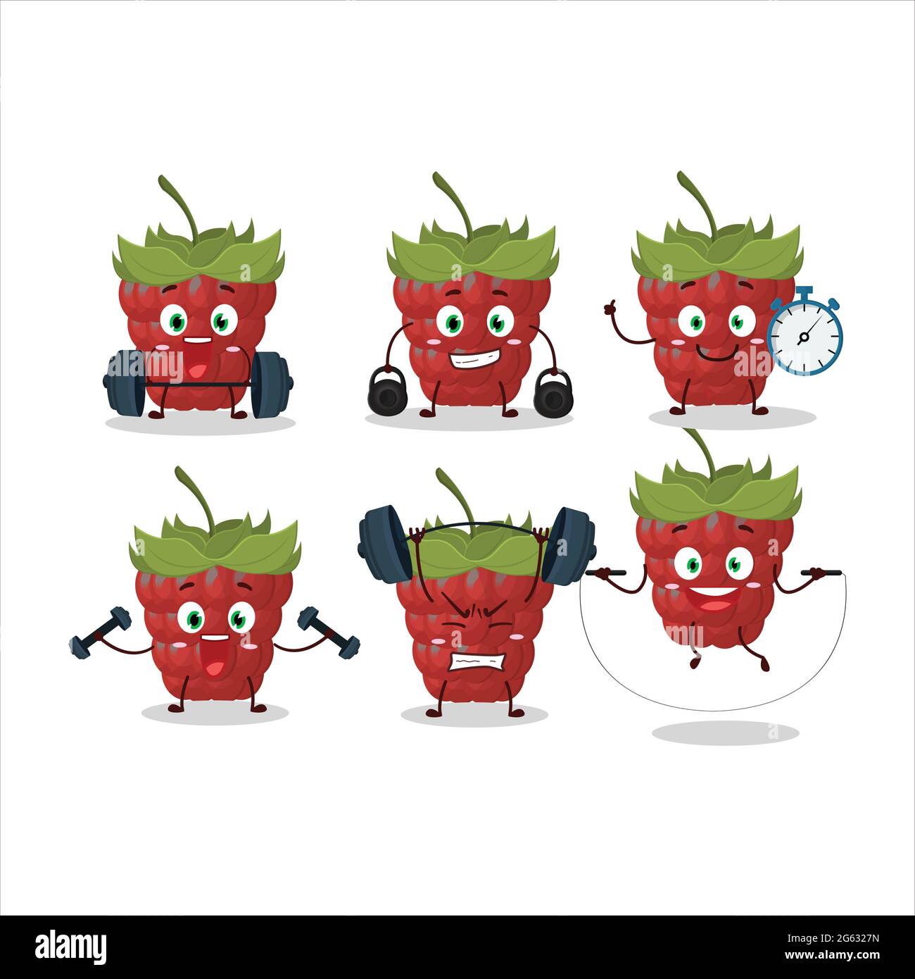 A healthy raspberry cartoon style trying some tools on Fitness center ...