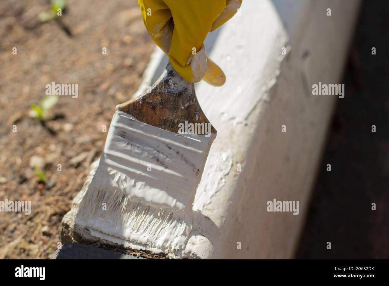 Painting borders with white paint. Applying oil paint to asphalt ...