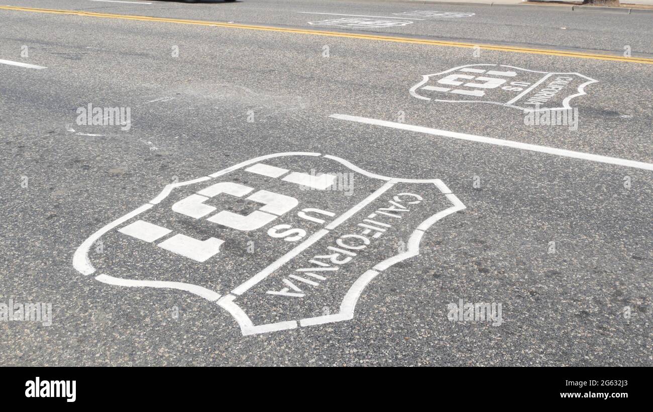 Pacific ocean Coast Highway road marking on asphalt, historic route 101 ...