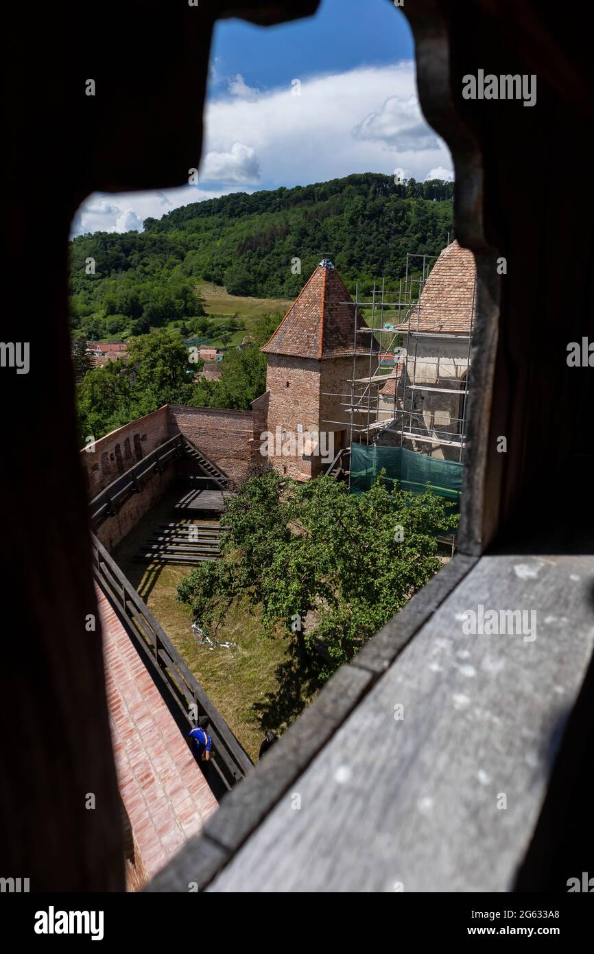 Alma Vii village in Transylvania, Romania - 27 June 2021: The medieval ...