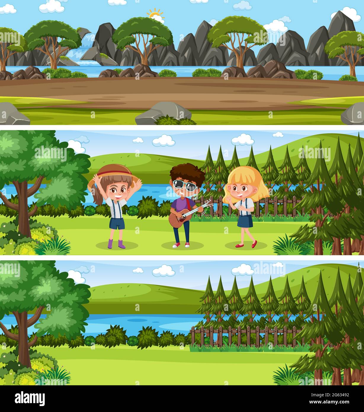 Different nature landscape scene set with cartoon character ...