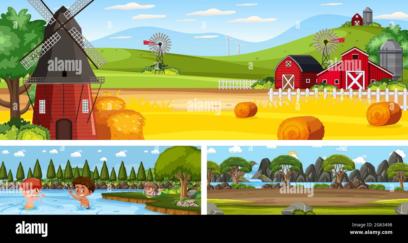 Outdoor panoramic landscape scenes set with cartoon character ...