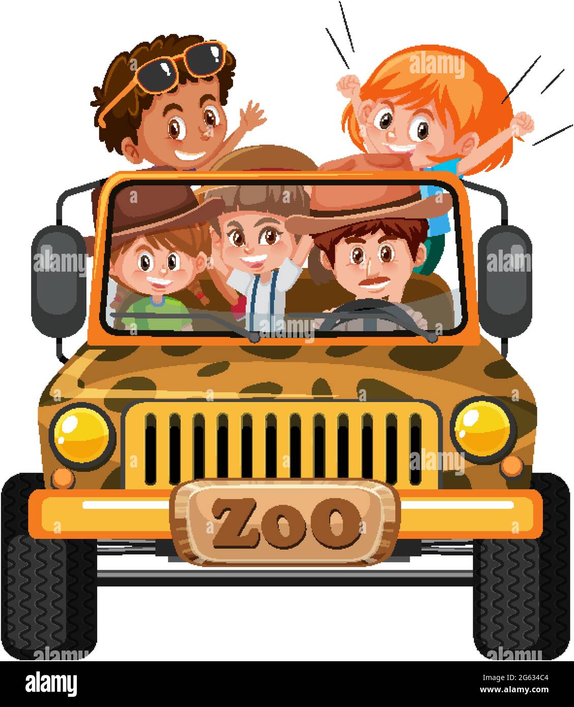 Zoo concept with kids group in the car isolated on white background ...