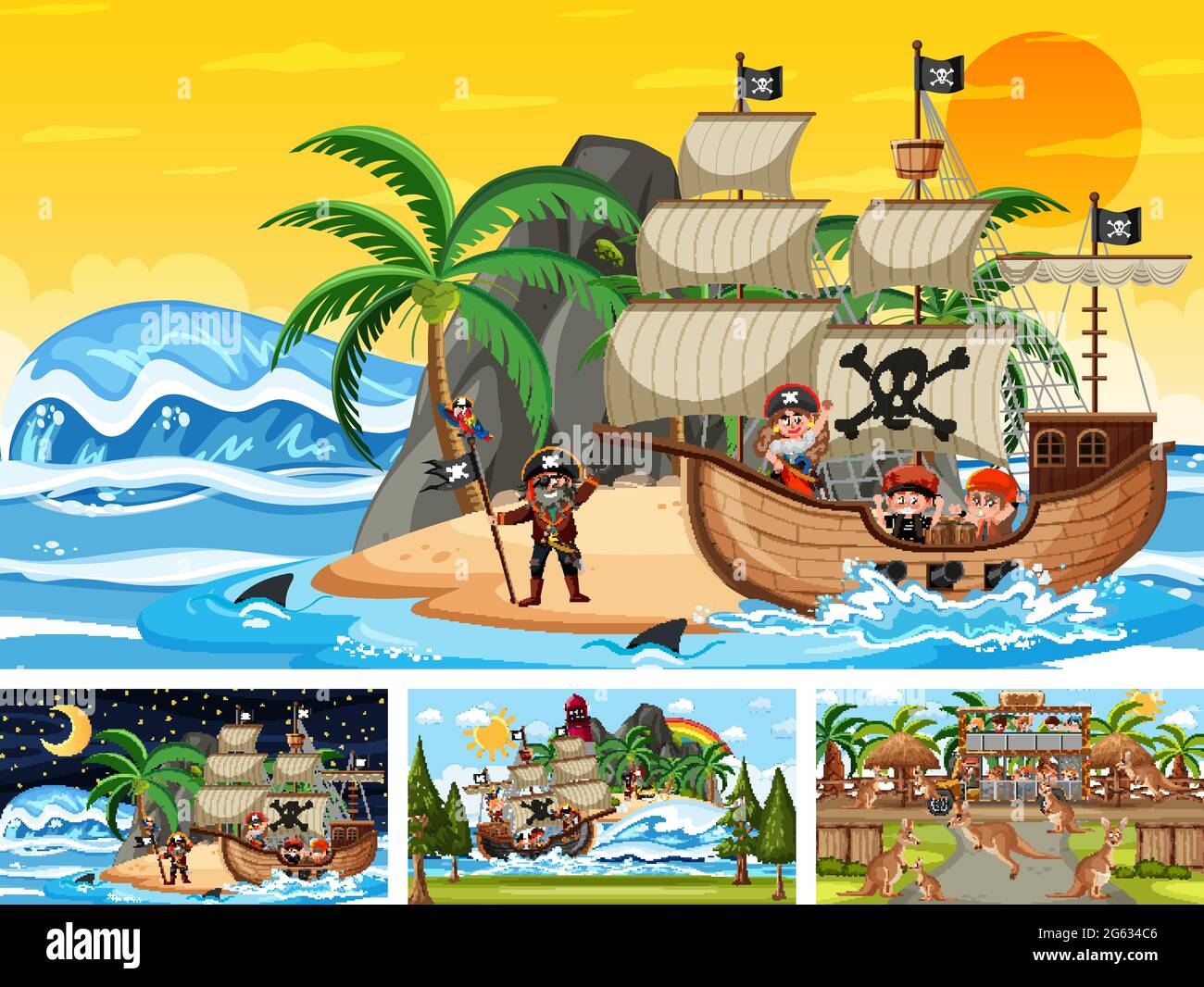 Set of different scenes with pirate ship at the sea and animals in the ...