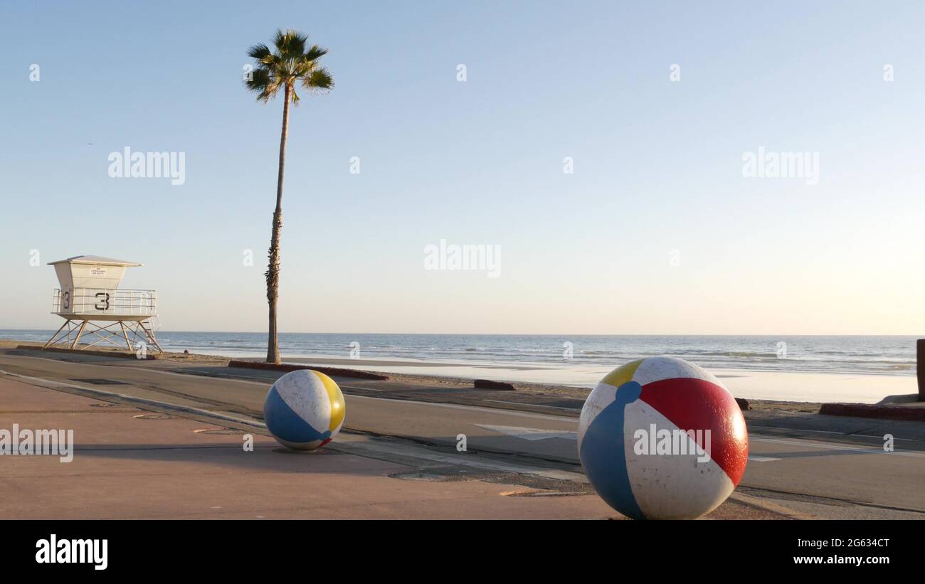 Pacific ocean beach, Oceanside California USA. Ball, lifeguard tower ...