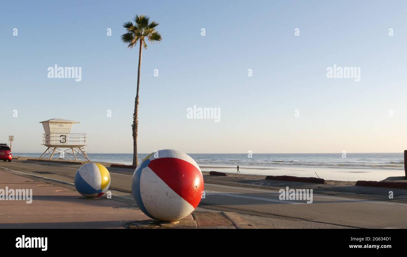Pacific ocean beach, Oceanside California USA. Ball, lifeguard tower ...