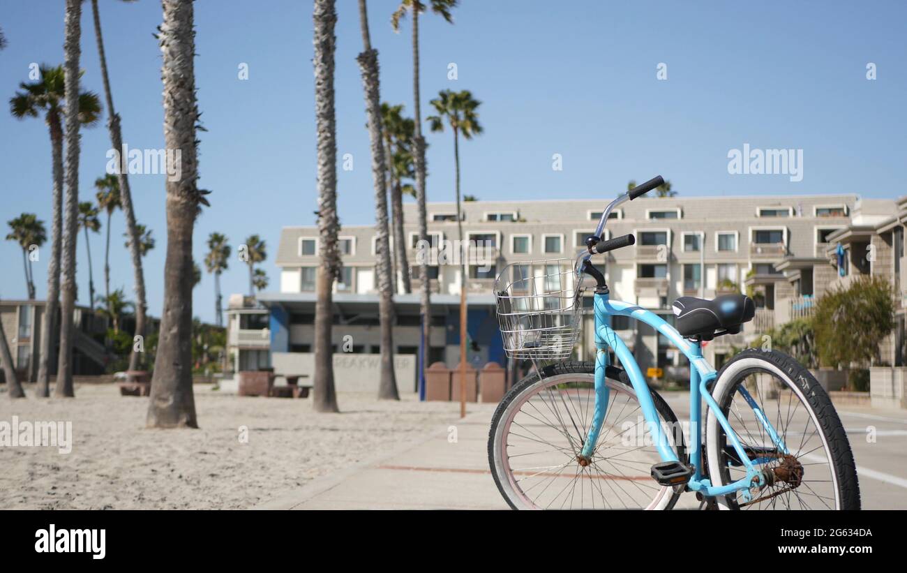 Blue bicycle, cruiser bike by ocean beach, pacific coast, Oceanside ...