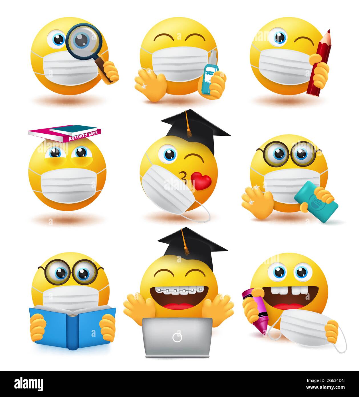 Smiley covid-19 students vector set. Emojis student characters wearing ...