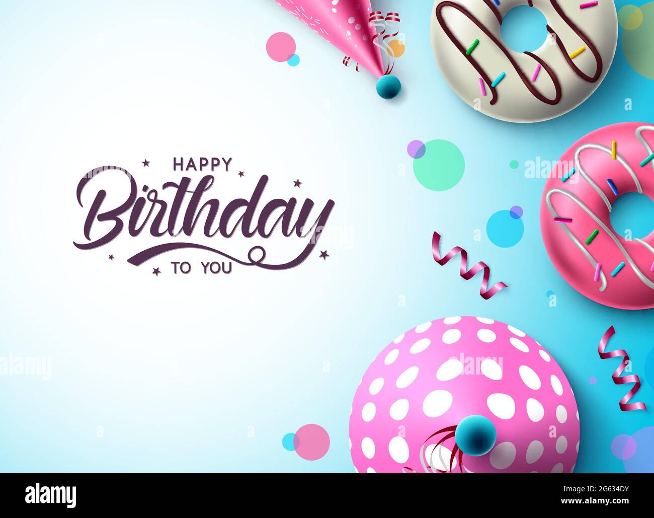 Happy birthday vector banner template. Happy birthday text with donuts ...