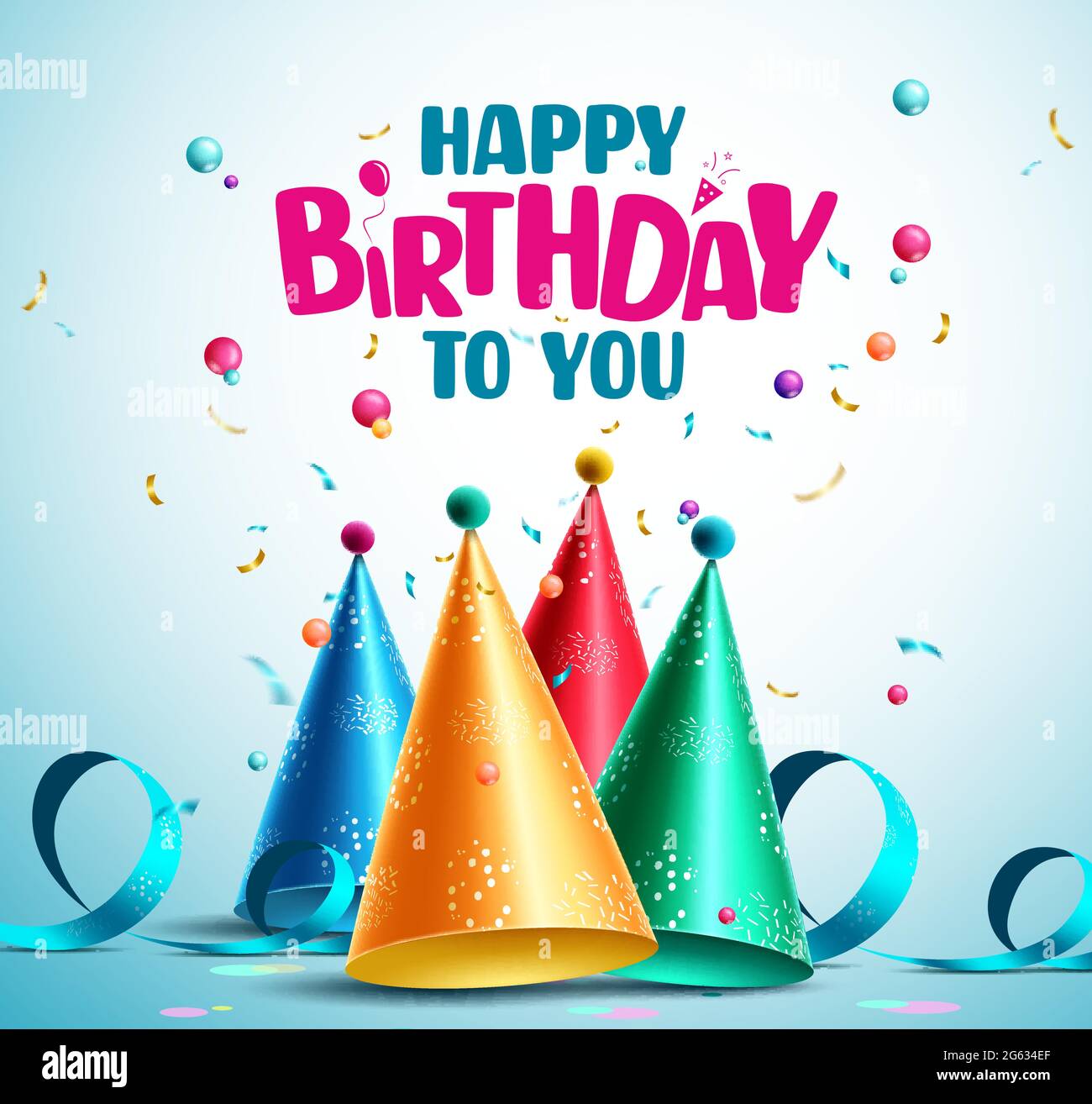 Birthday party hats vector design. Happy birthday to you greeting text ...