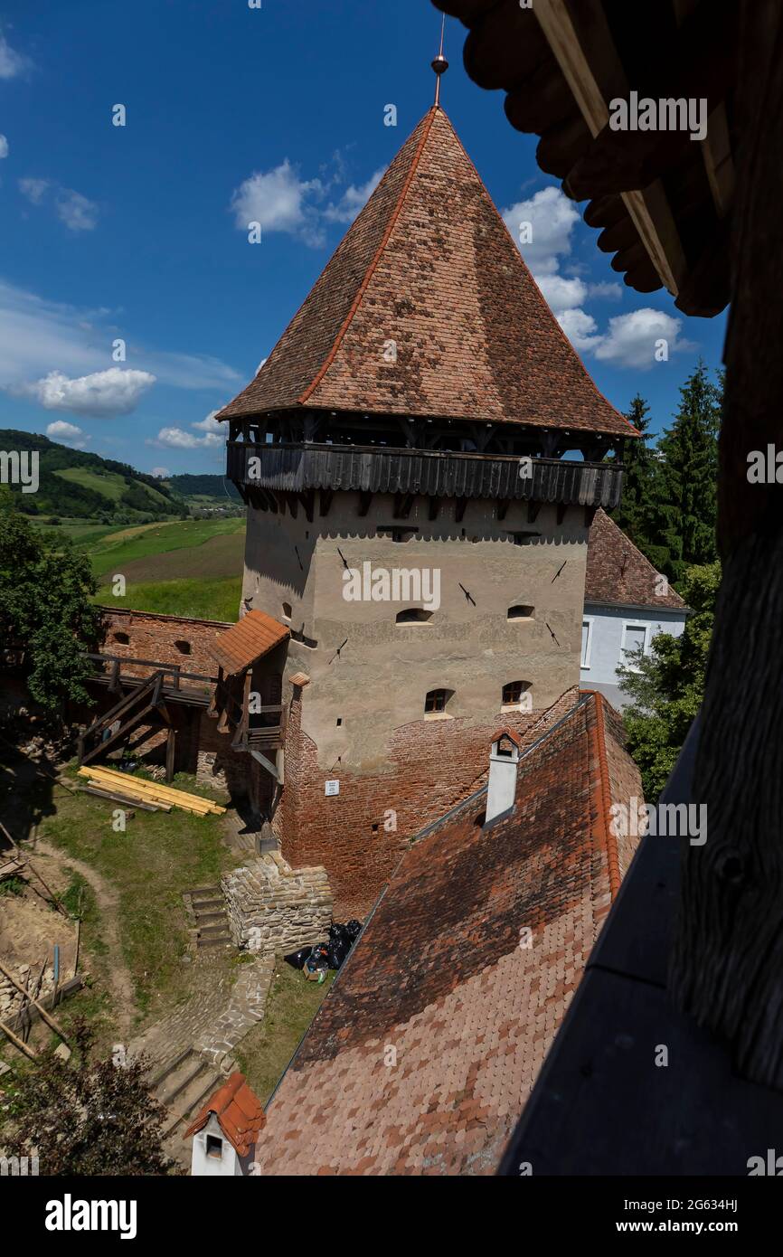 Alma Vii village in Transylvania, Romania - 27 June 2021: The medieval ...
