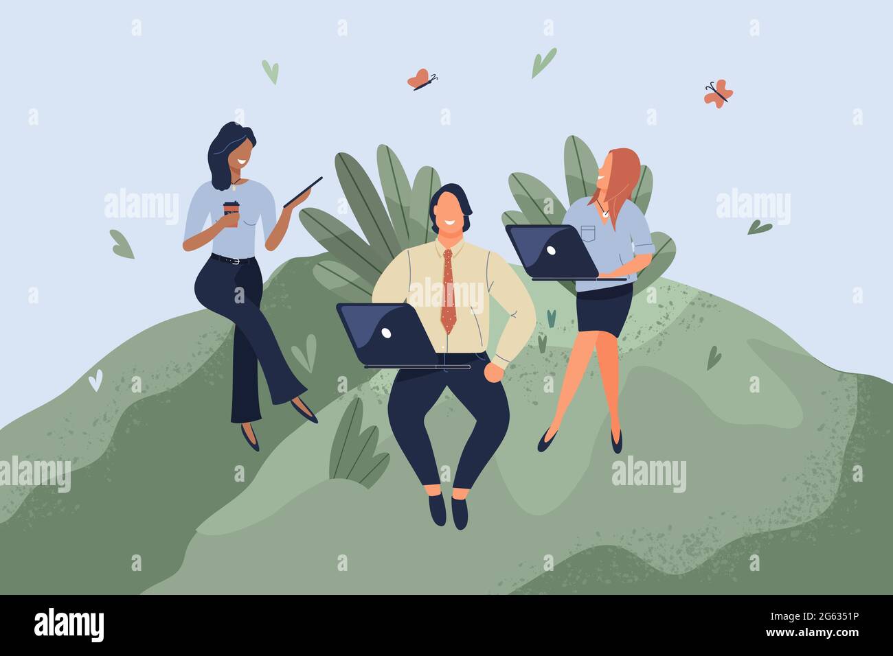 Office workers sitting on green lawn. Concept of good comfortable ...