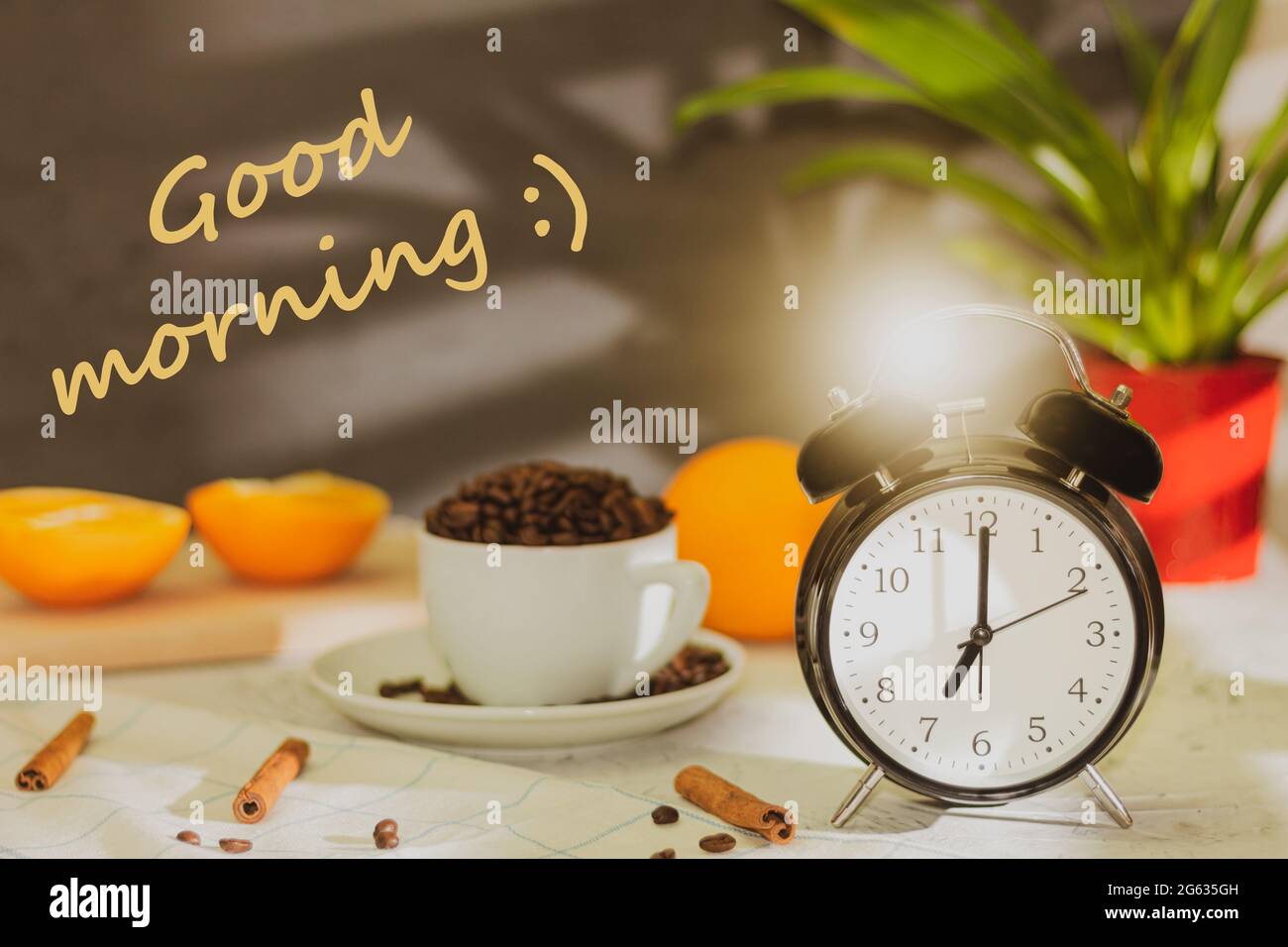 A black alarm clock indicates the time is 7:00 am and the text is good ...