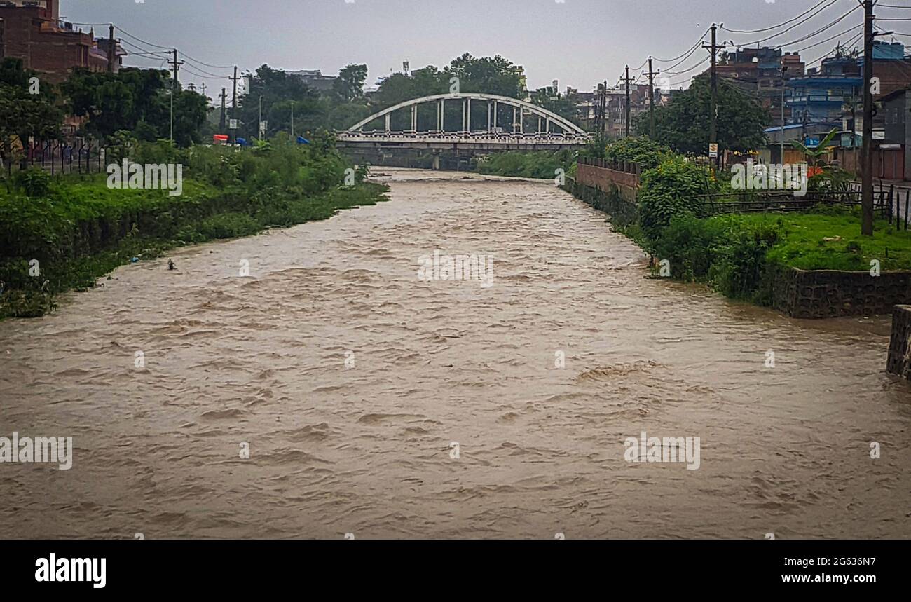 Kathmandu, Bagmati, Nepal. 2nd July, 2021. Swollen Bishnumati river is ...