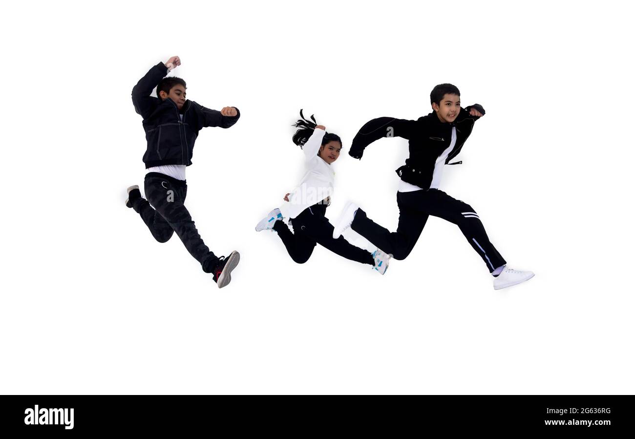 three kid jumping and trainer dancing isolated on white background ...