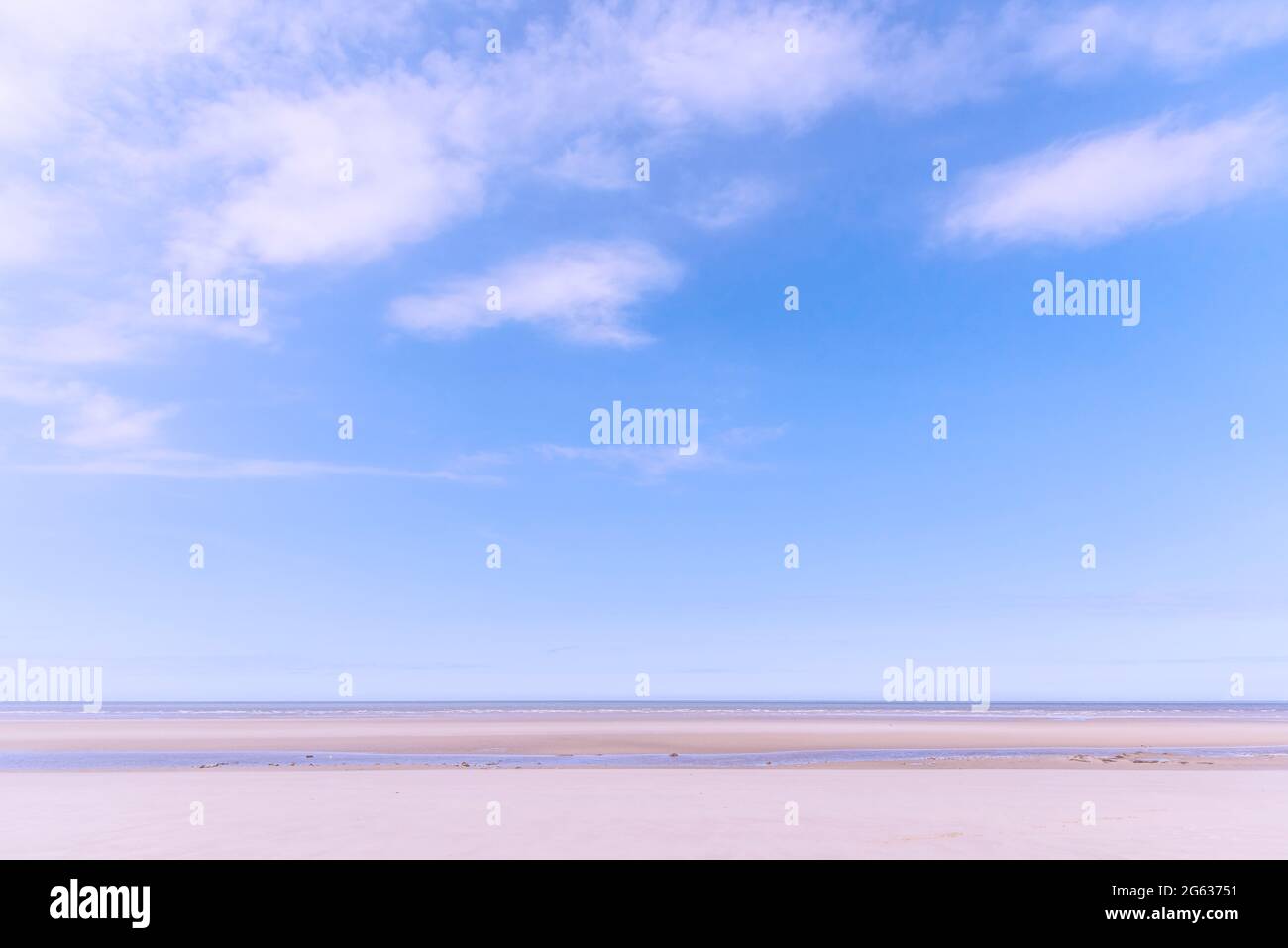 Big sky-land-sea-scape with pastal colours on Rossall beach at the ...