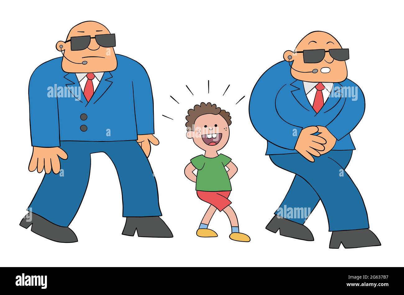 Cartoon little boy walking around with 2 scary guards, vector ...