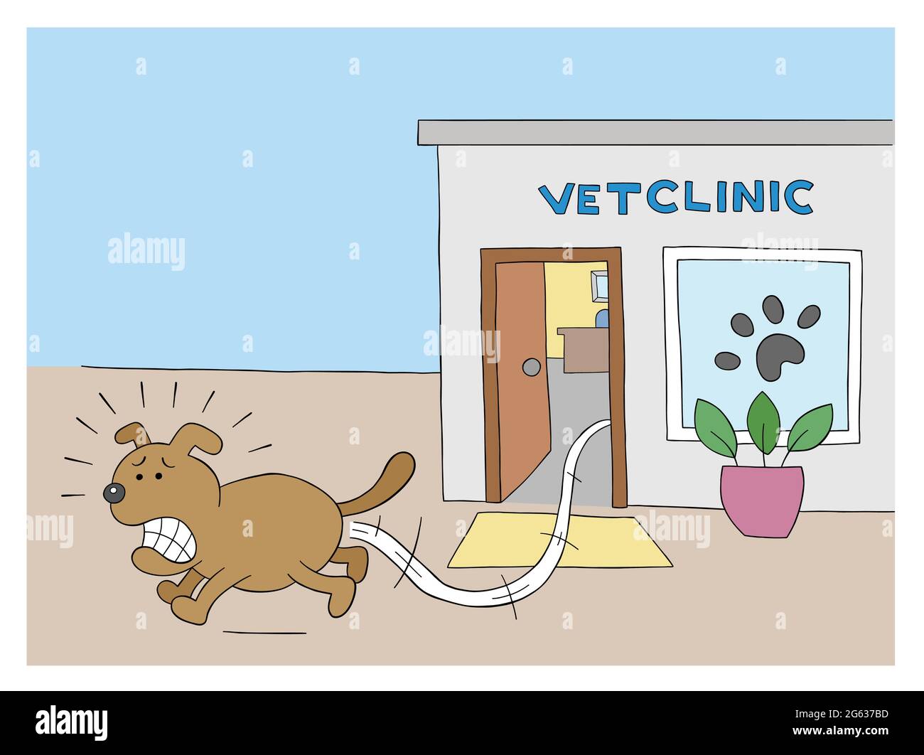 Cartoon dog is scared and runs away from the vet clinic, vector ...