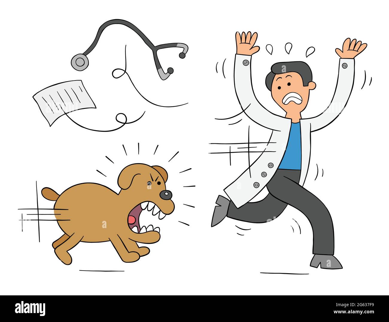 Cartoon dog is very angry and is chasing vet, vector illustration ...