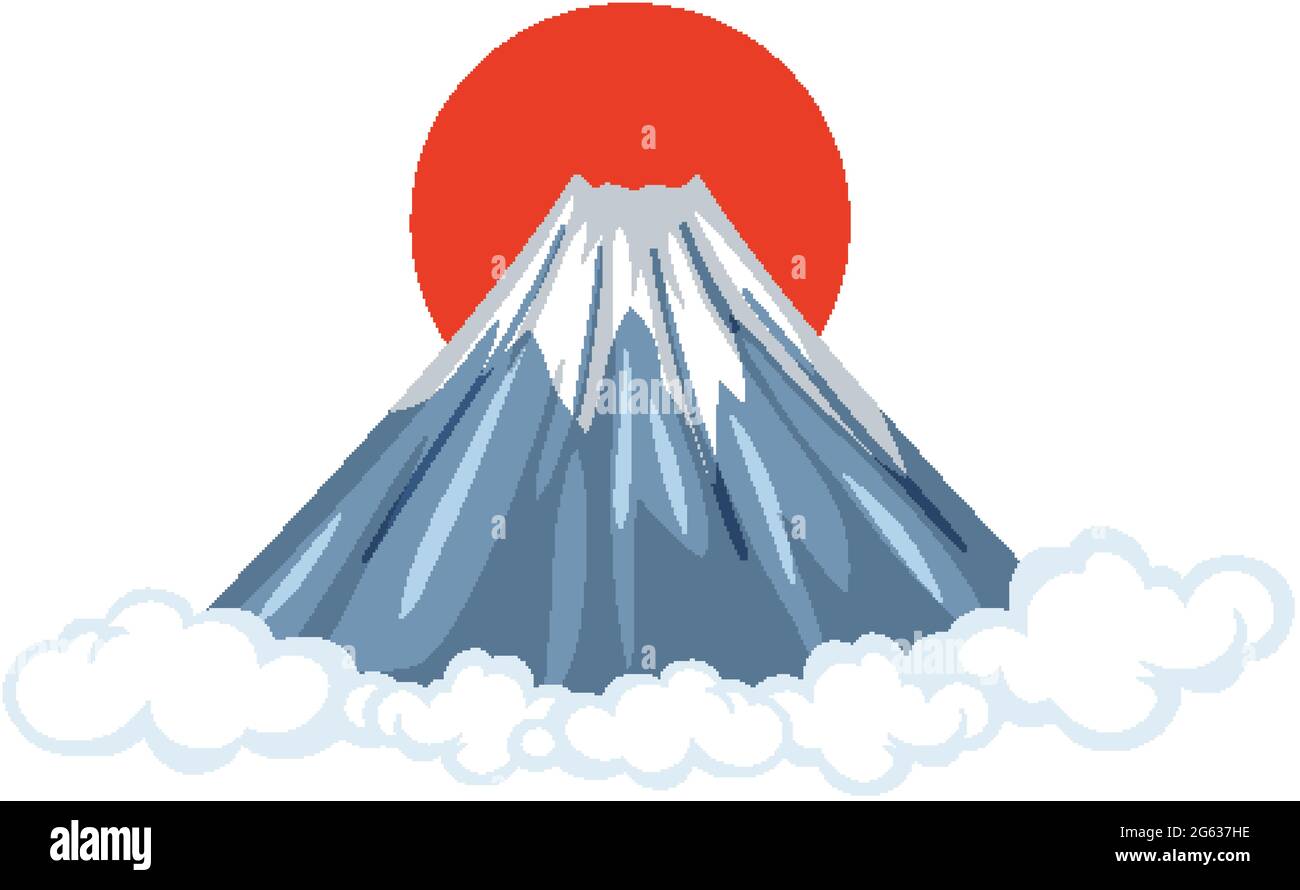 Mount Fuji with Red Sun in cartoon style isolated on white background ...