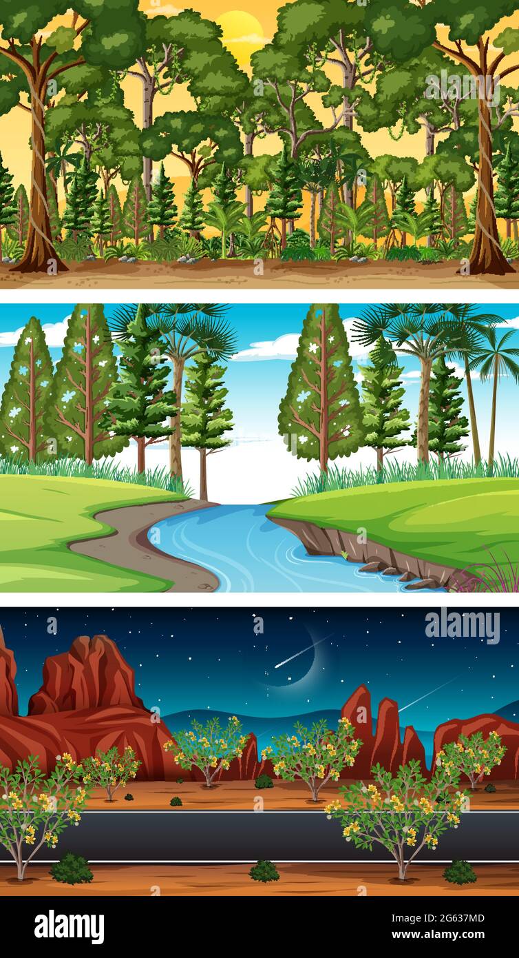 Different types of forest horizontal scenes illustration Stock Vector ...