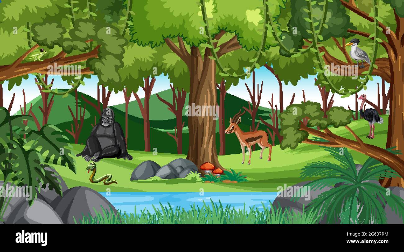 Forest at daytime scene with different wild animals illustration Stock ...