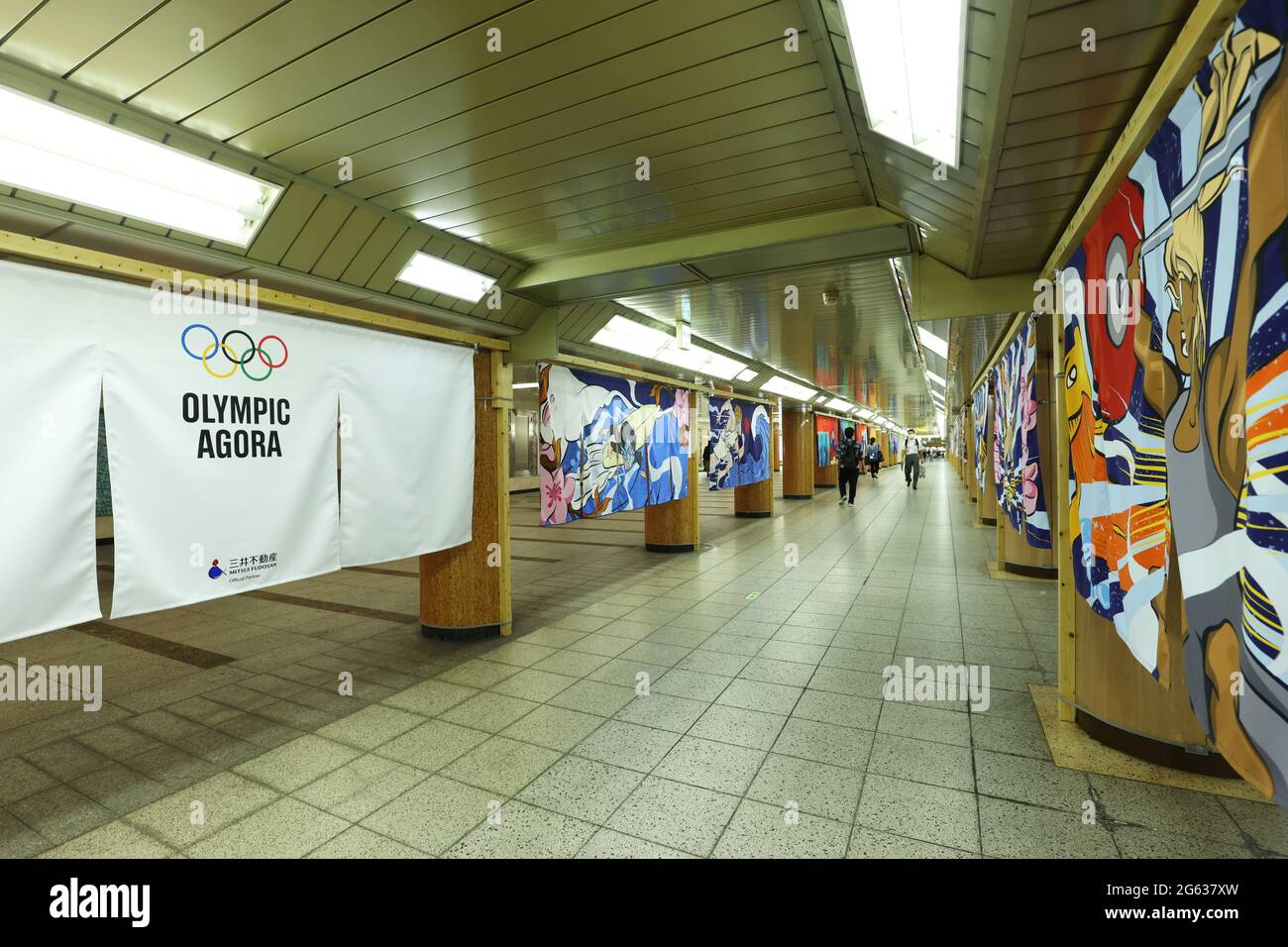 Tokyo, Japan. July 2, 2021: View of a sign promoting the "Olympic Agora ...