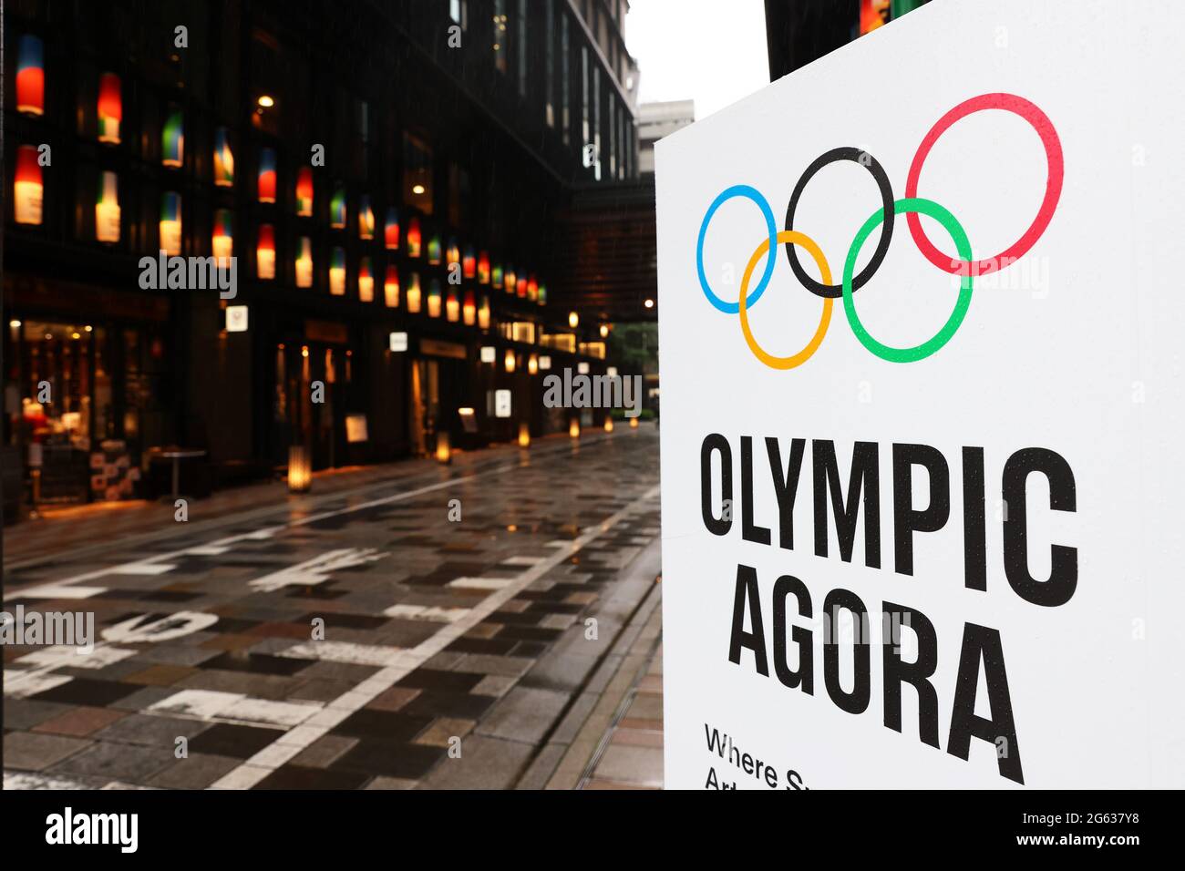 Tokyo, Japan. July 2, 2021: View of a sign promoting the "Olympic Agora ...