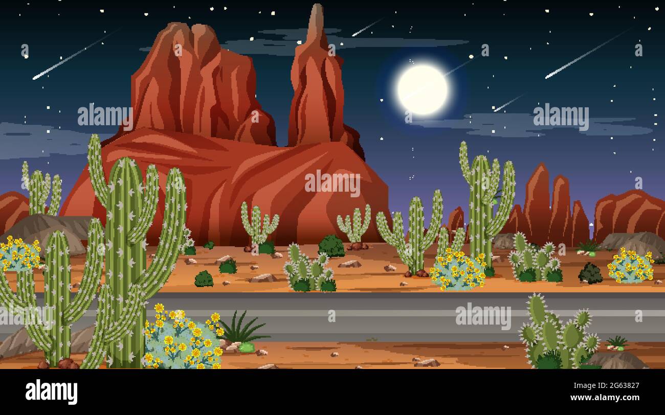 Desert forest landscape at night scene with long road illustration Stock Vector Image & Art - Alamy