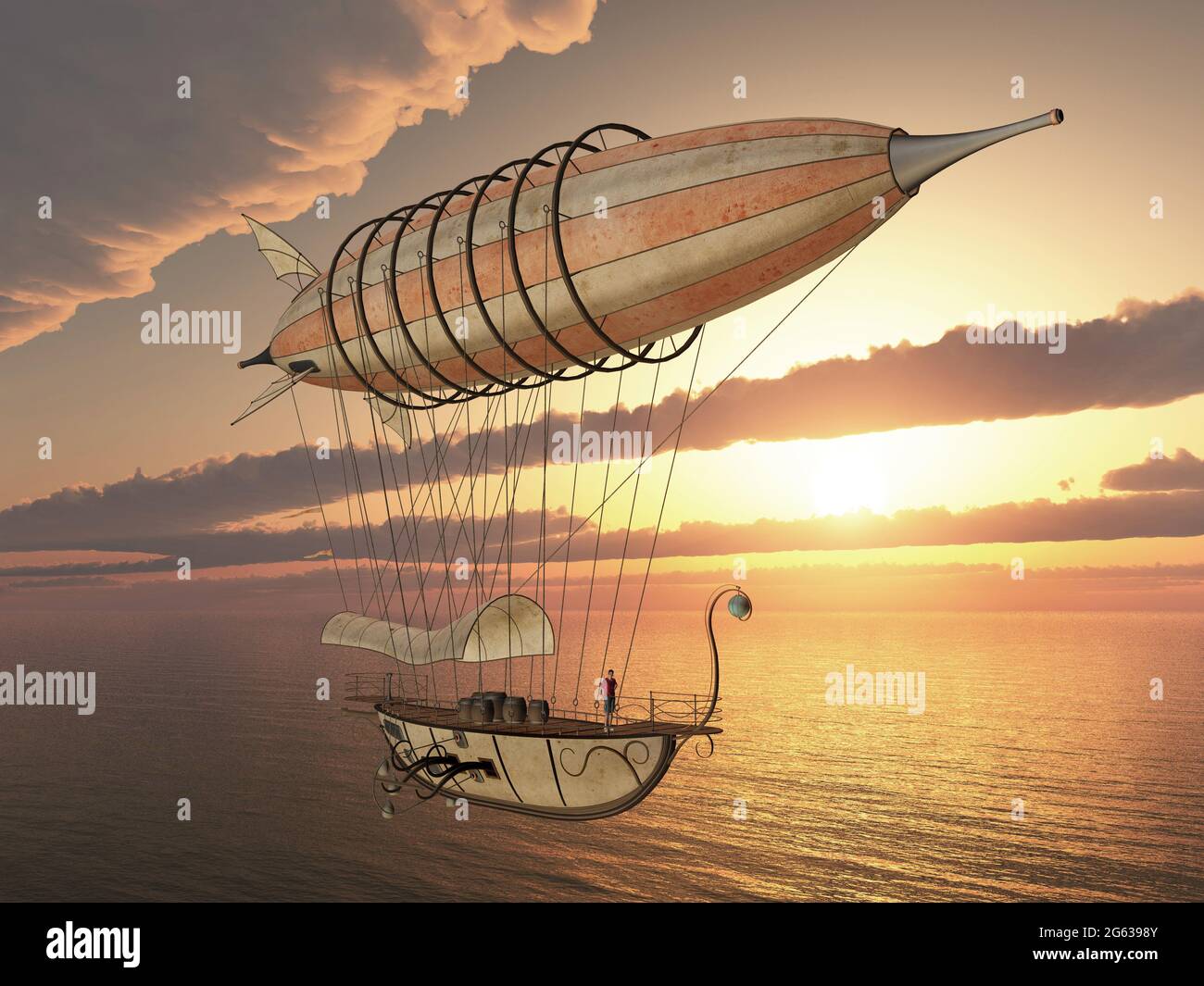 Fantasy airship over the sea at sunset Stock Photo - Alamy