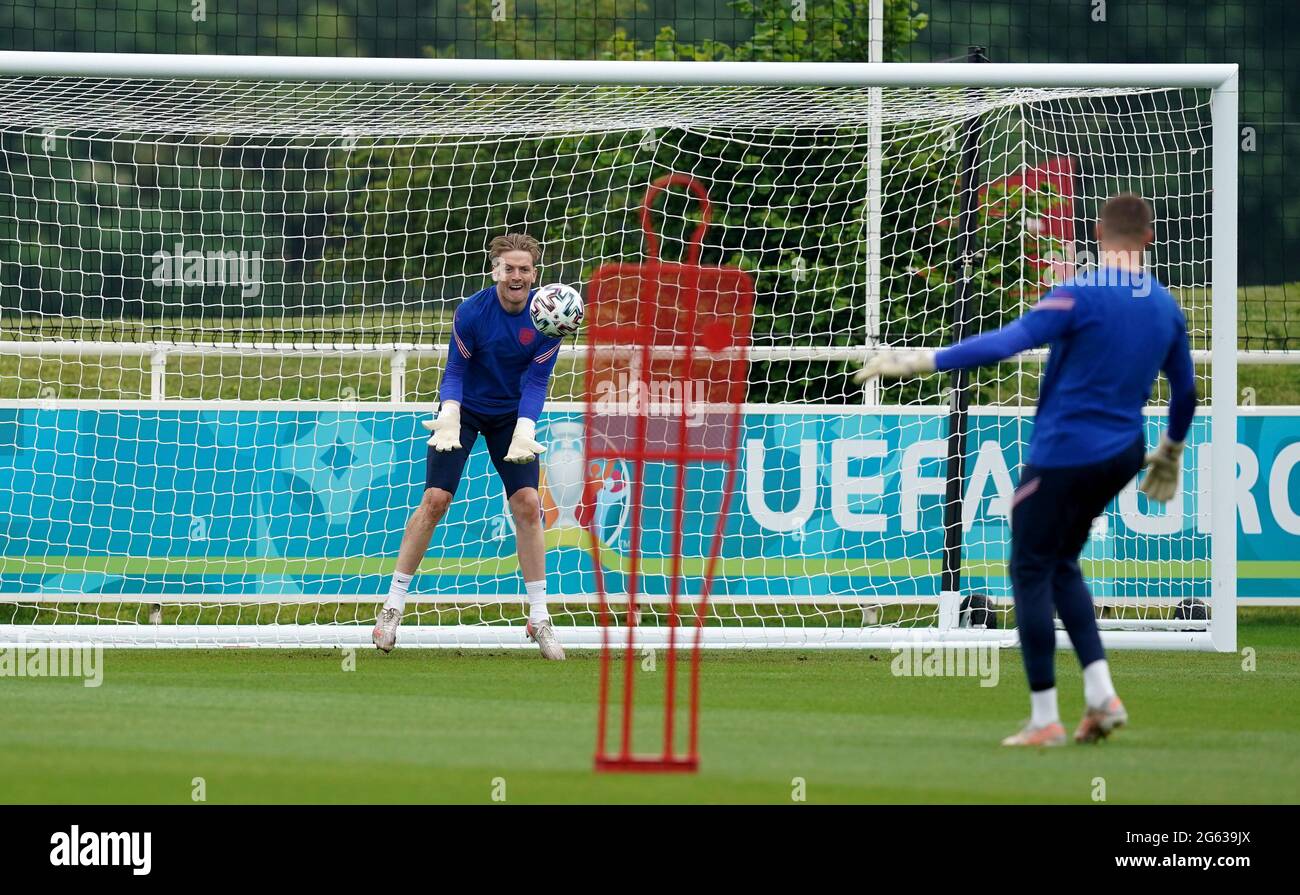 England goalkeeper Jordan Pickford during a training session at St ...
