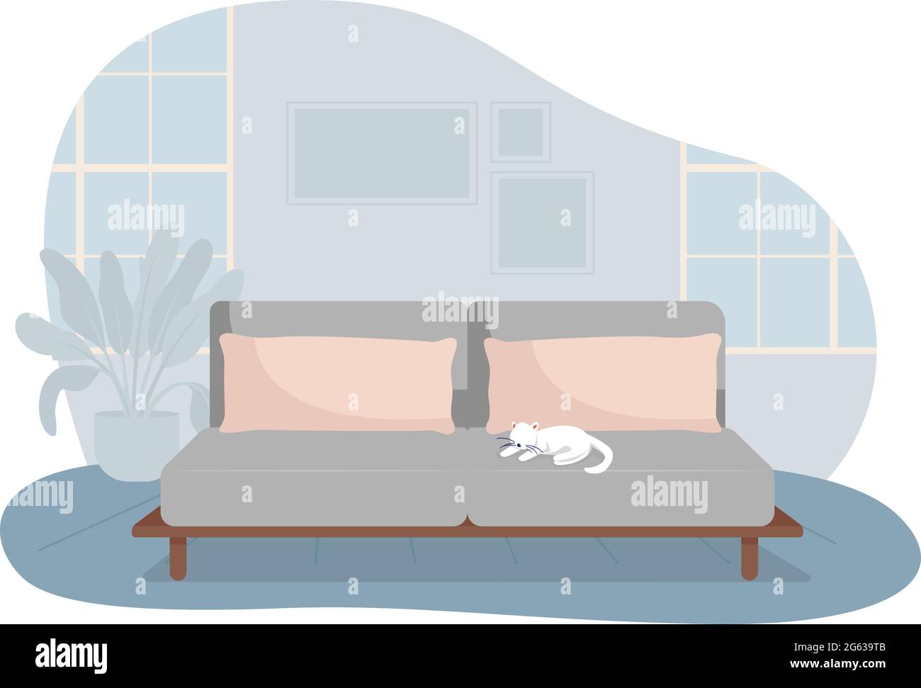 Living room with grey sofa 2D vector isolated illustration Stock Vector ...