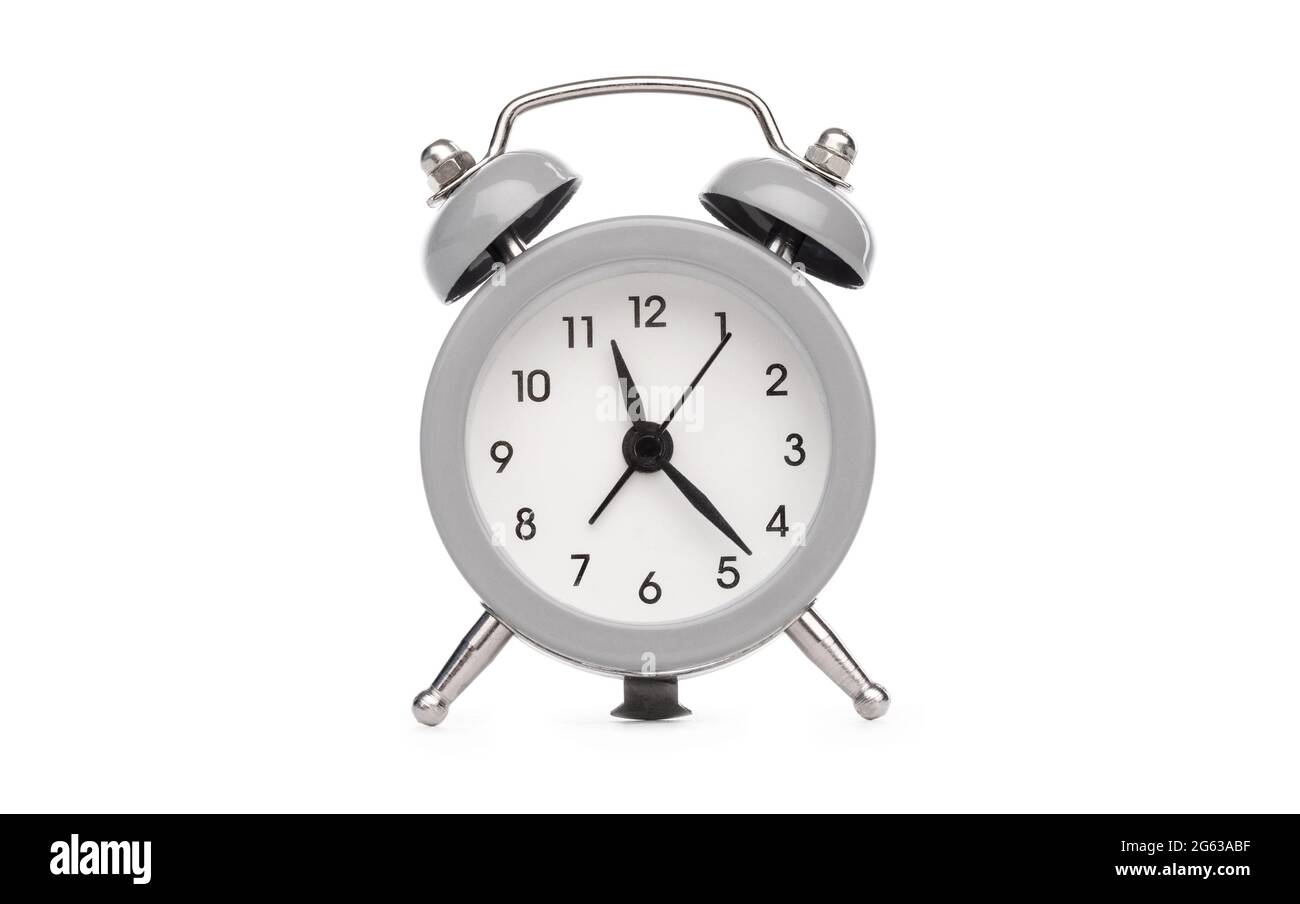 Retro analog table alarm clock with round face isolated on white ...