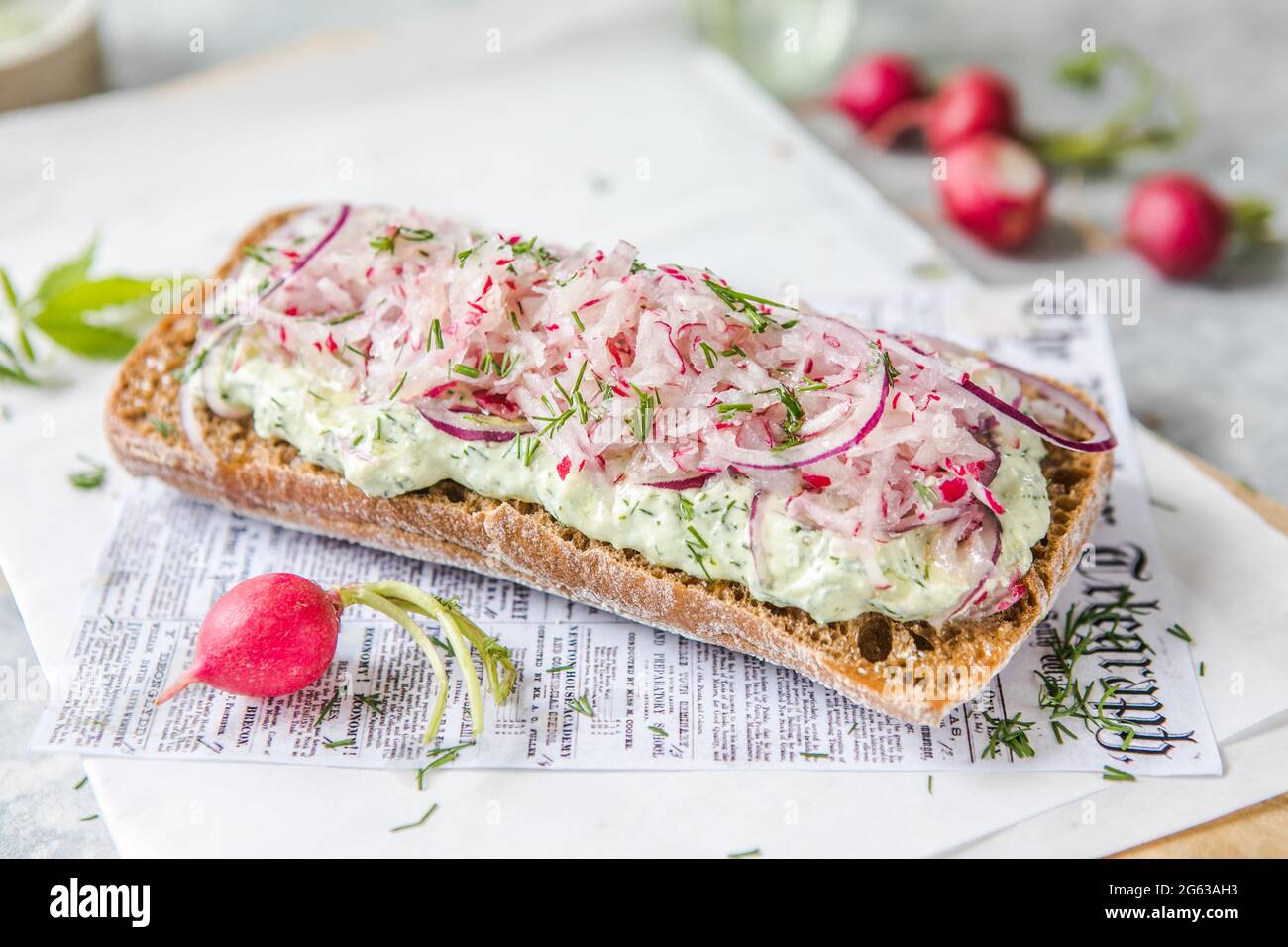 Fresh green spring sandwich with cream cheese and radish at light ...