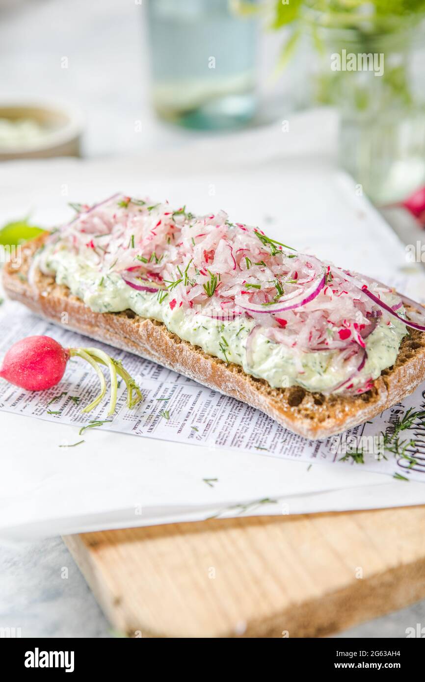 Fresh green spring sandwich with cream cheese and radish at light ...