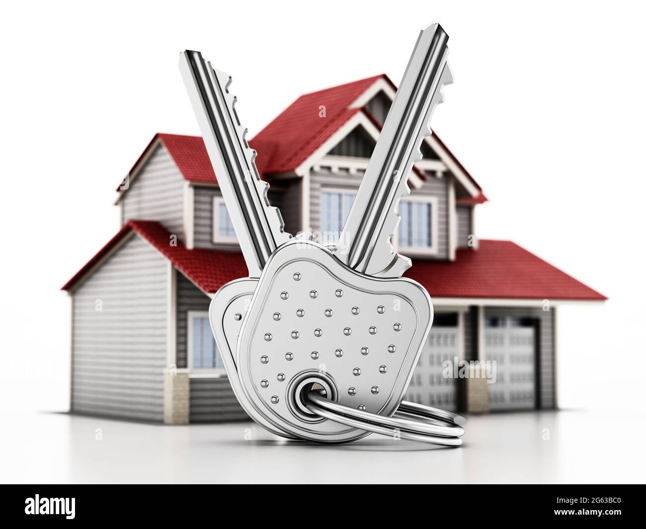 House keys and large luxury house isolated on white background. 3D ...