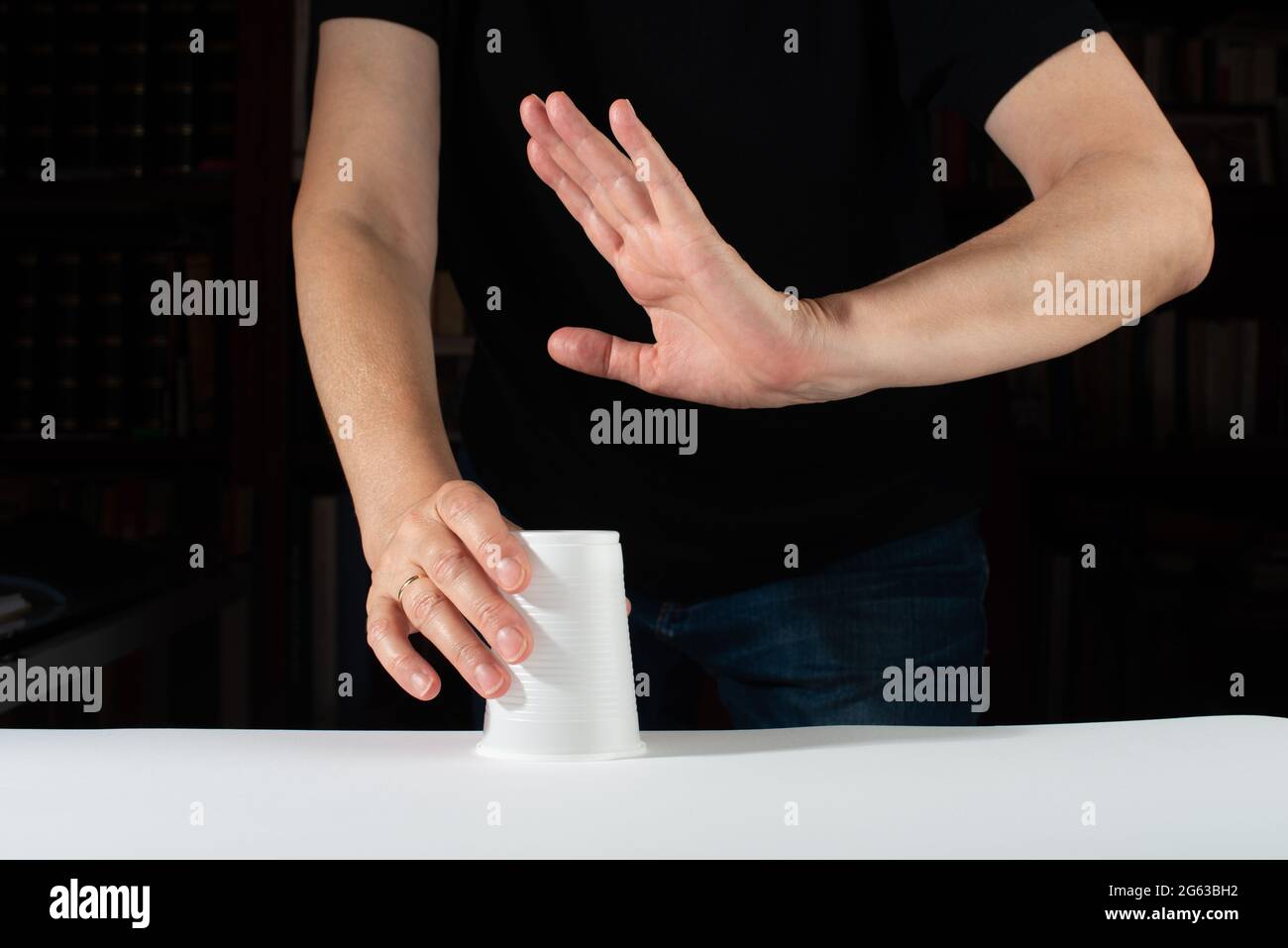 No to disposable plastic. Hand gesture rejects single-use plastic cup ...