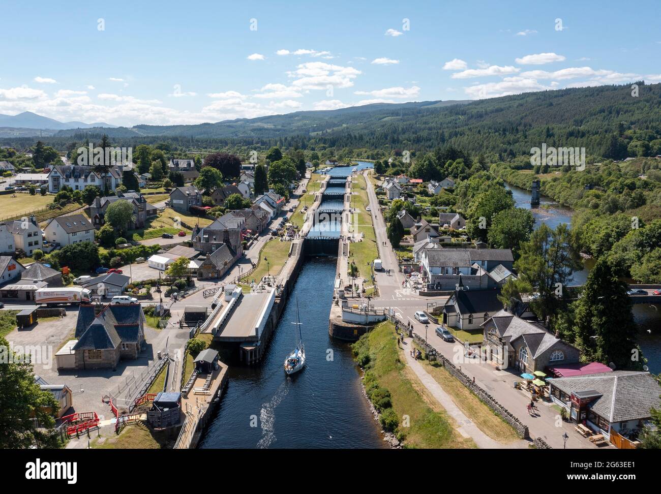 Aerial view of the Swing Bridge over Caledonian Canal and canal locks ...