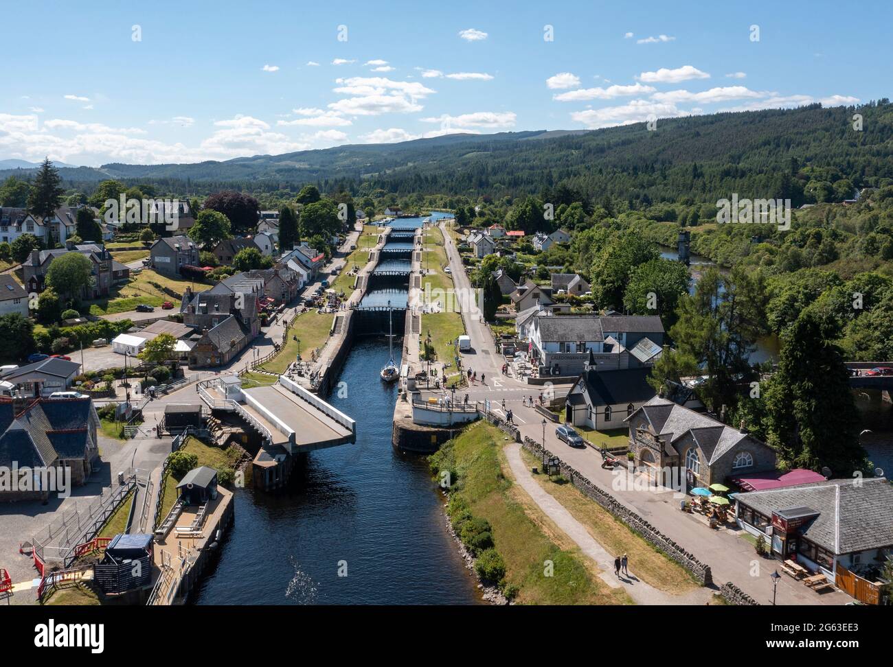 Aerial view of the Swing Bridge over Caledonian Canal and canal locks ...