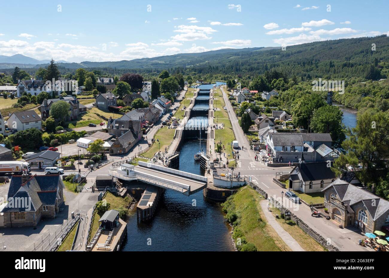 Aerial view of the Swing Bridge over Caledonian Canal and canal locks ...