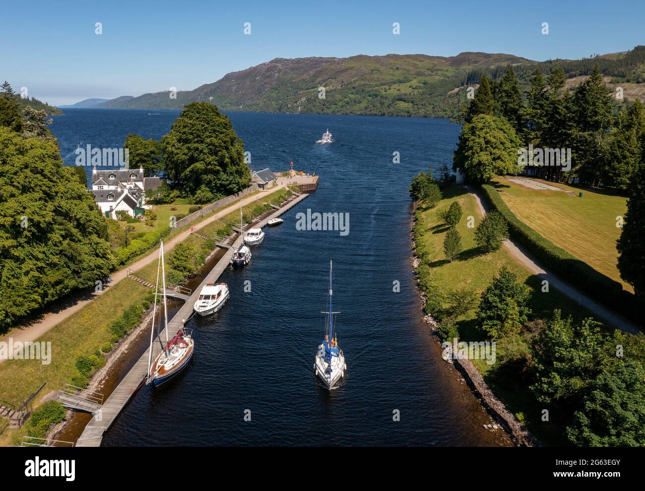 Aerial view of the Caledonian Canal where it enters Loch Ness at Fort ...