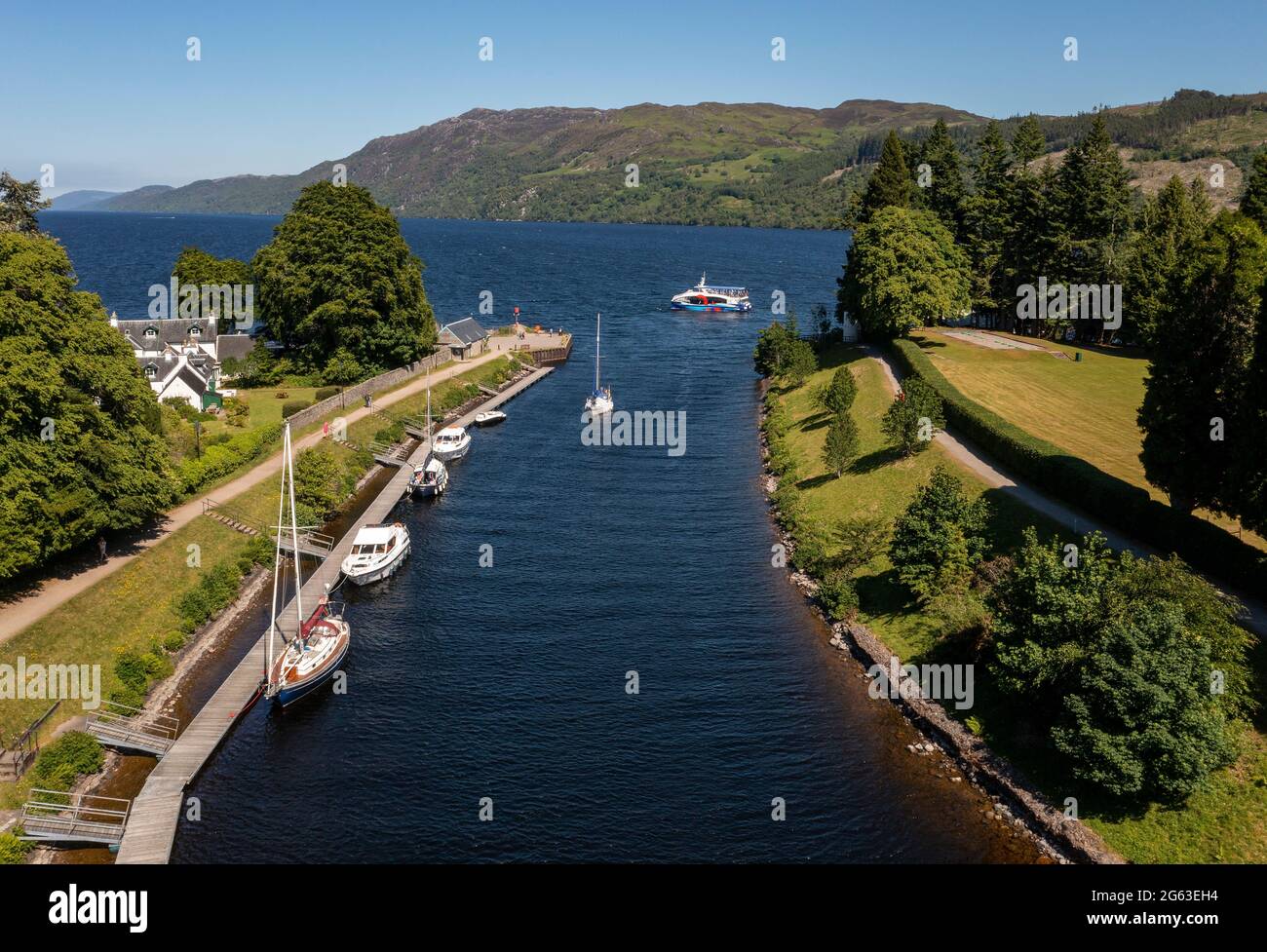 Aerial view of the Caledonian Canal where it enters Loch Ness at Fort ...