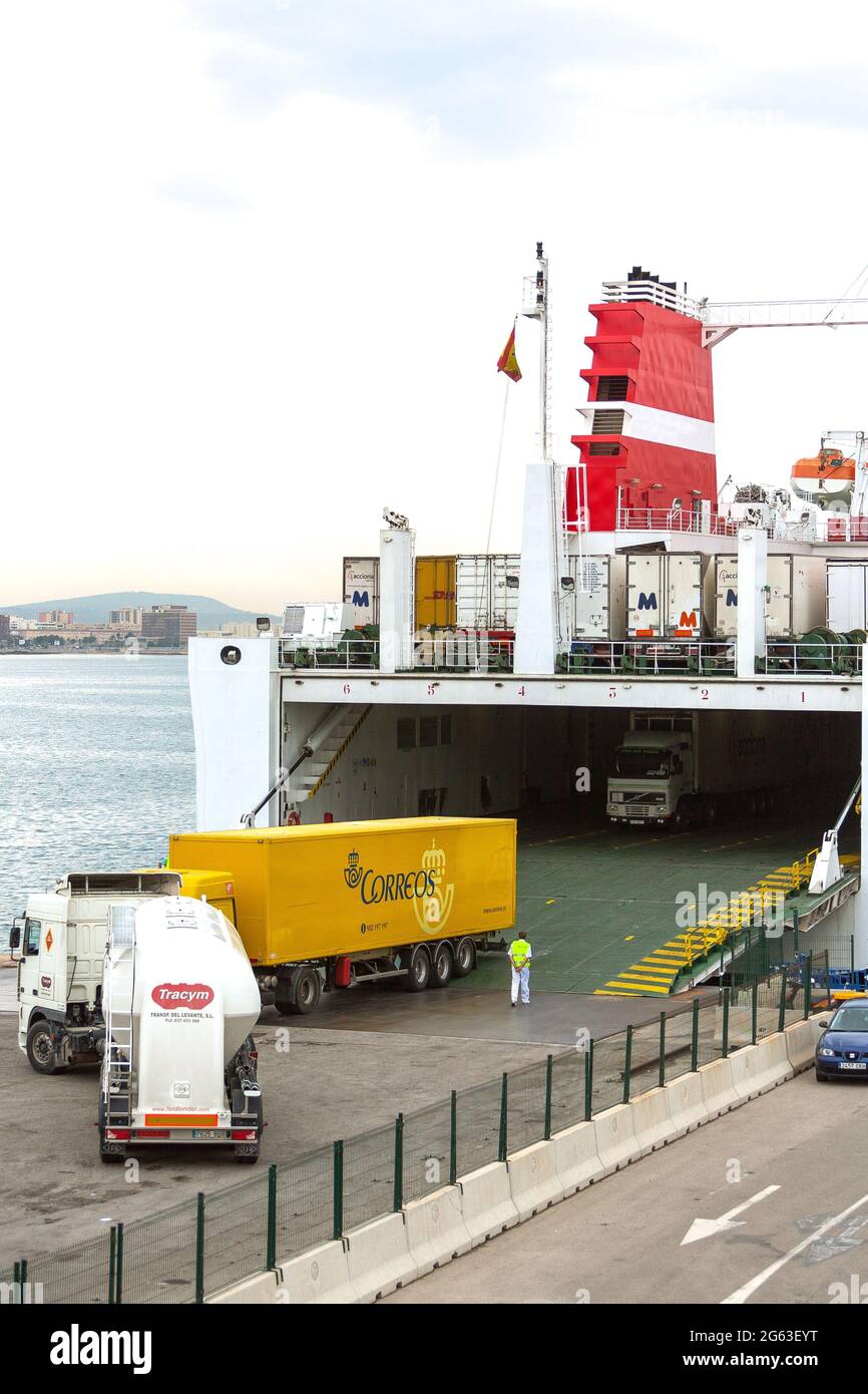 ro-ro ferry at Palma harbour. Lorries boarding ferry on ramps Stock ...