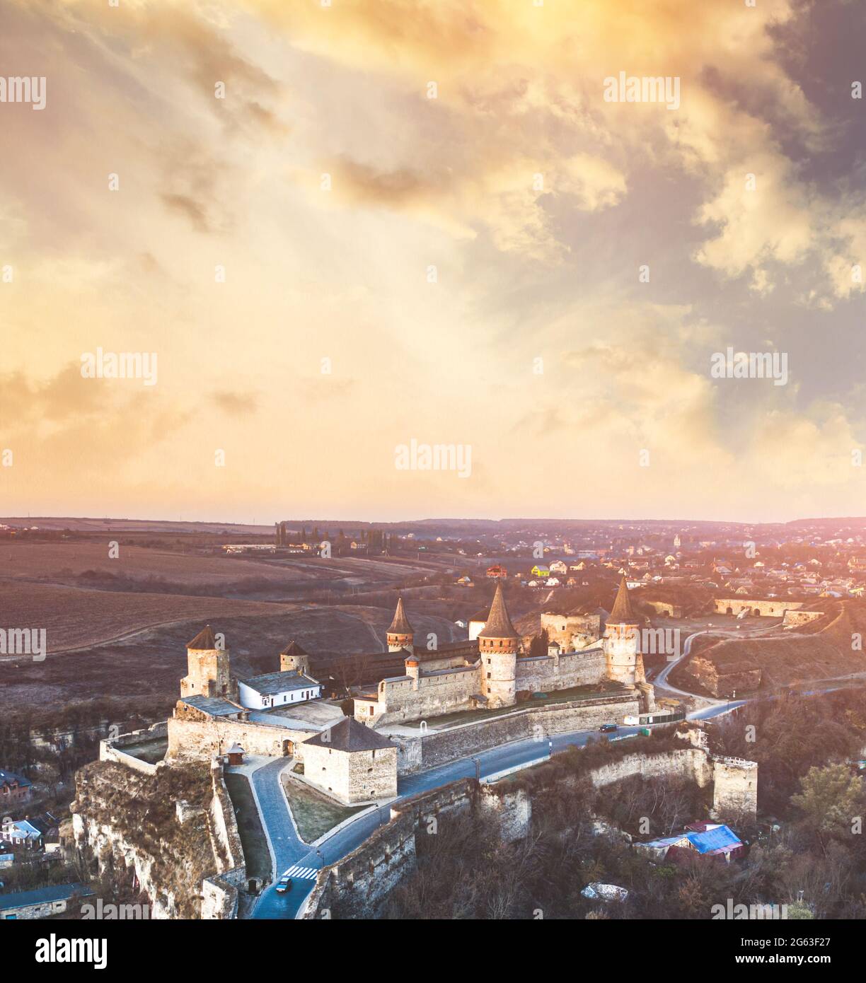 Panoramic view of wonderful medieval castle in Ukraine at sunset Stock ...